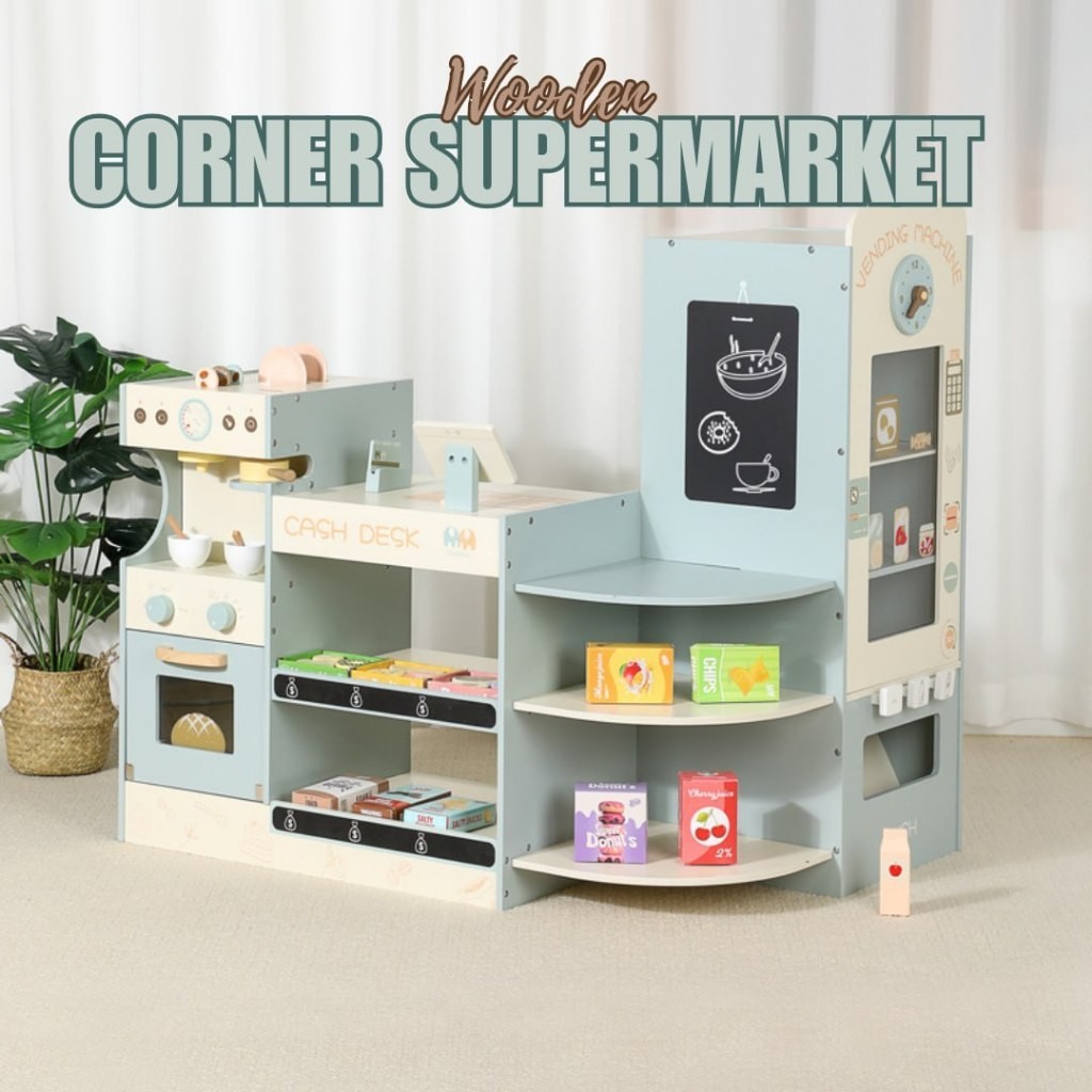 BYJ Wooden Corner Supermarket Pretend Play Grocery Cashier Play Set ...