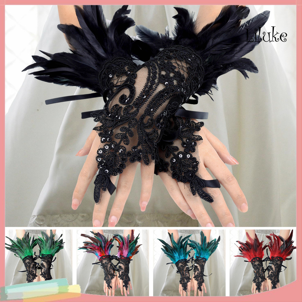 LK--1Pc Sexy Lace Faux Feather Long Glove Gothic Mesh Sleeve Halloween ...