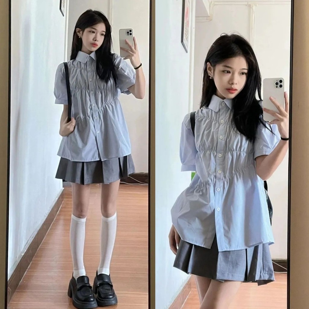 College Set Women's Summer New Short Sleeved Polo Collar Shirt + High ...