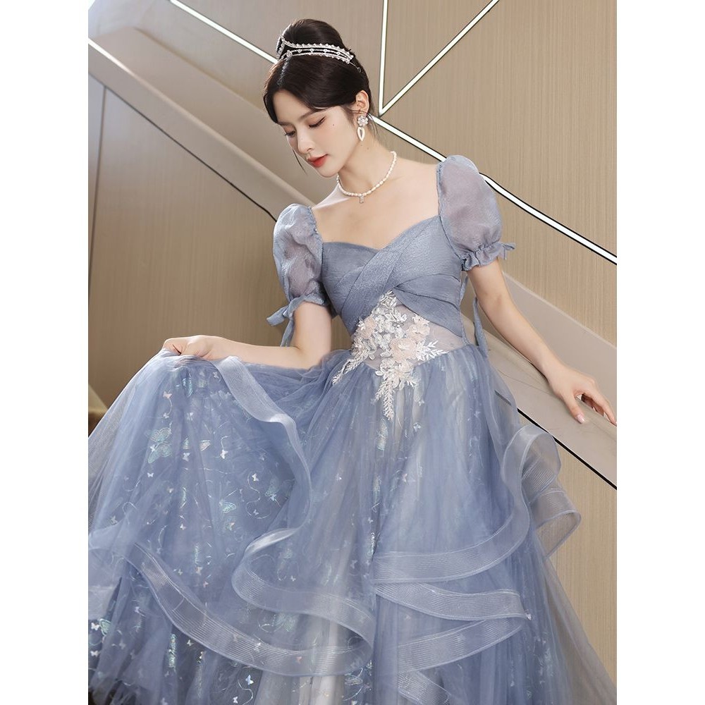 Hawlife Korean Blue Floral Puff Sleeve Evening Prom Banquet Debut Ball ...