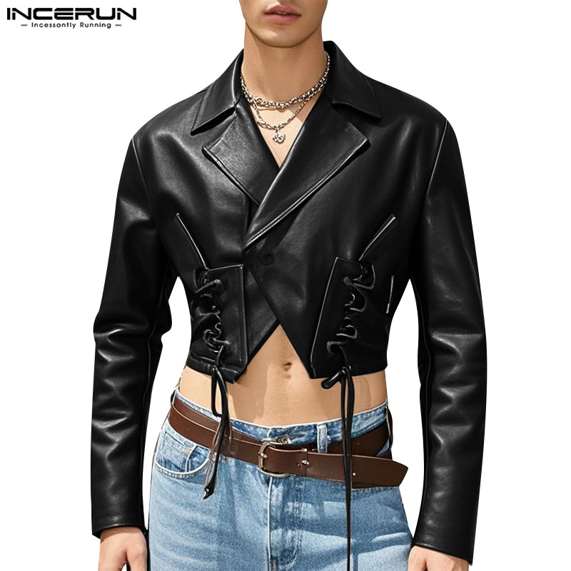 INCERUN Men's Fashion Faux Leather Truncated Drawstring Long Sleeve ...