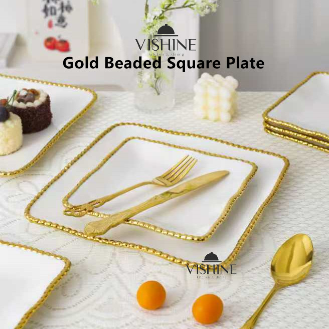 Luxury Nordic Gold Beaded Square Plate Ceramic Gold Rim Serving Dinner ...