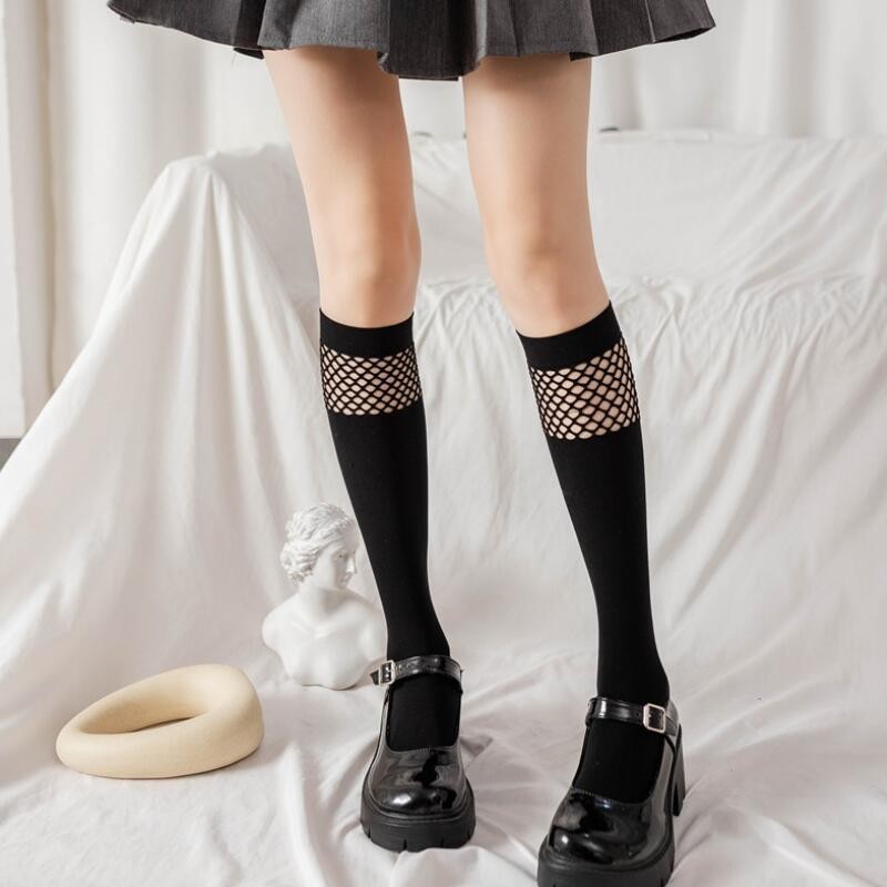 Hollow out Mesh Stitching Calf Socks Fishnet Stockings Black Socks ...