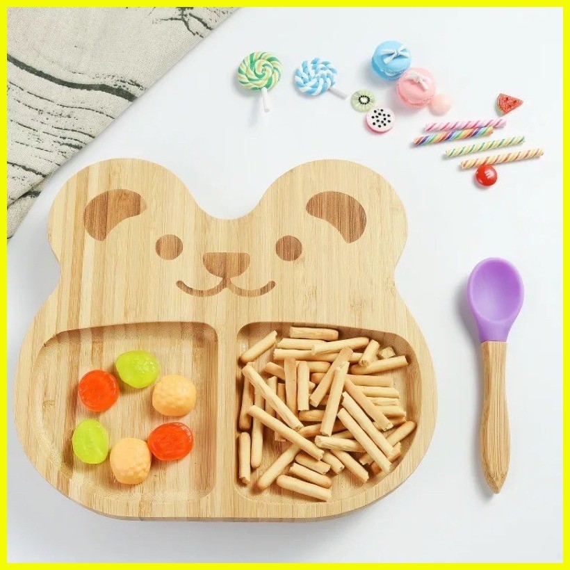 BLW Bamboo Plate Wooden Bear Plate with Suction and Spoon | Shopee ...