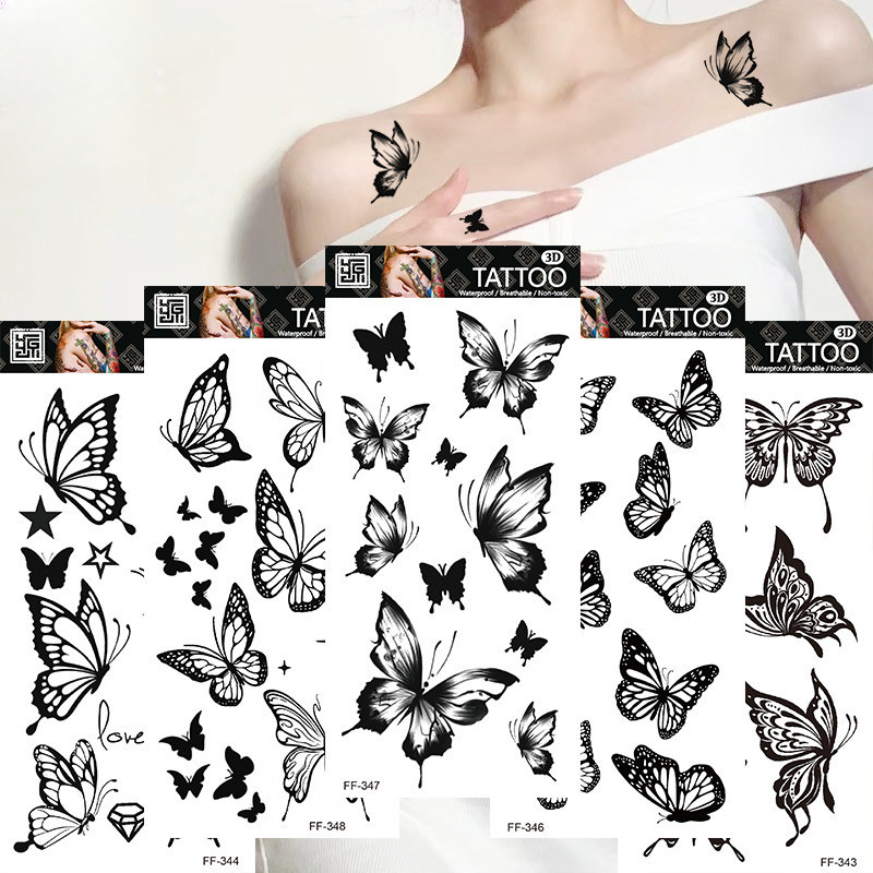 2024Year New Style Tattoo Stickers Black Butterfly Flower Pattern ...
