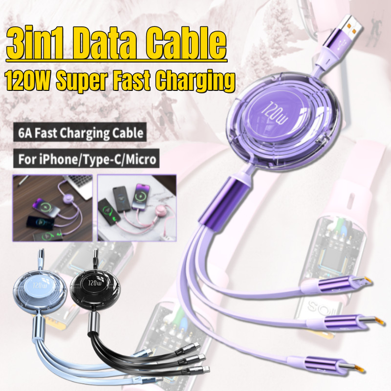 MINISO 120W Fast Charging Retractable 3 In 1 Data Cable Transparent ...