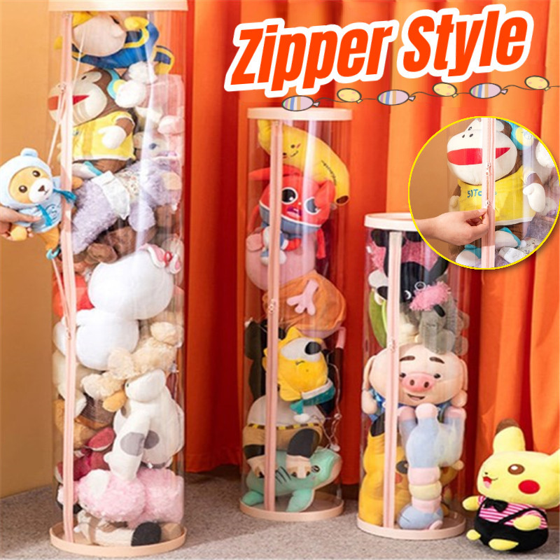 [Zipper Style] Doll Storage Bucket Transparent Cylindrical Plush Toy ...
