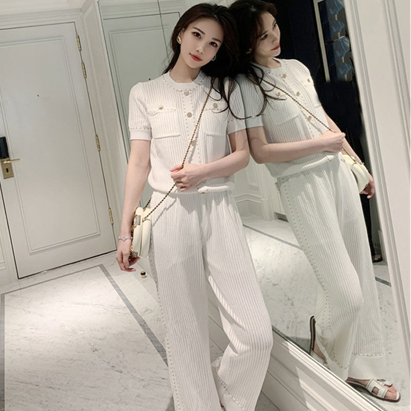 Womens Short Sleeve Knitted Tops Wide Leg Pants Ice Silk French Retro ...