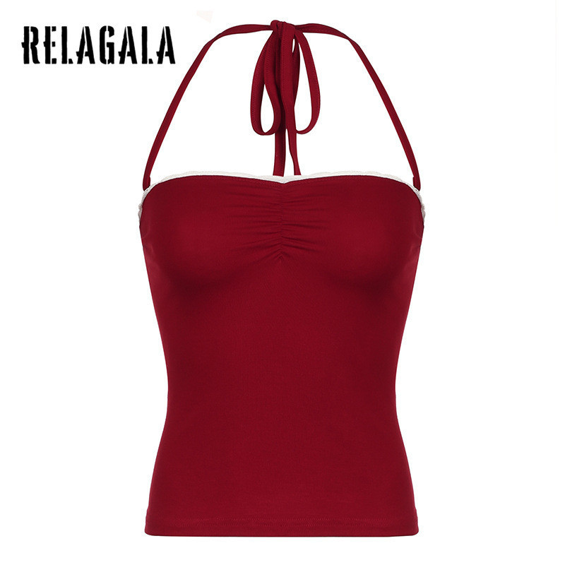RelaGala Women's New Lace Edge Contrasting Color Neck Sexy Basic Slim ...