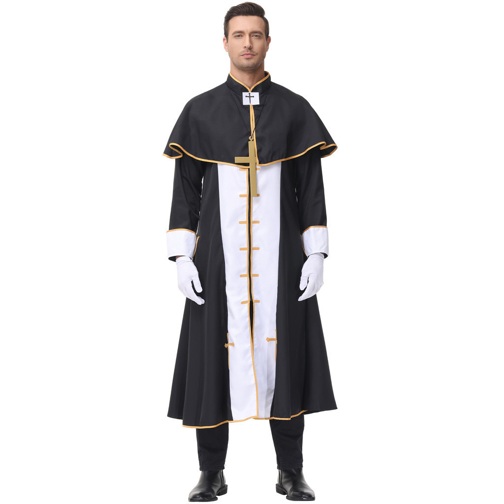 Men Black Cassock Robe Cloak With Belt Priest Cosplay Halloween Party ...