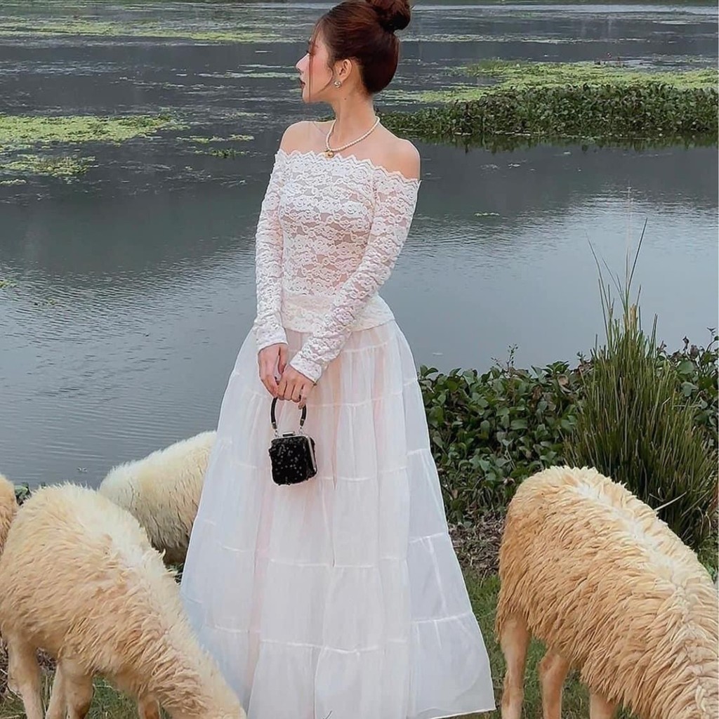 M836 - Lace off-the-shoulder top Set with long layered skirt | Shopee ...