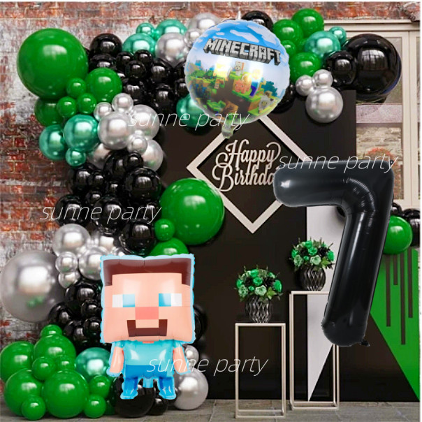 Minecraft Theme Balloon Garland Arch Kit 32inch Black Number Balloon ...