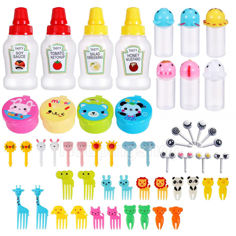 54pcs Mini Sauce Bottles Sauce Box Fruit Fork Set Squeeze Bottle Bento ...