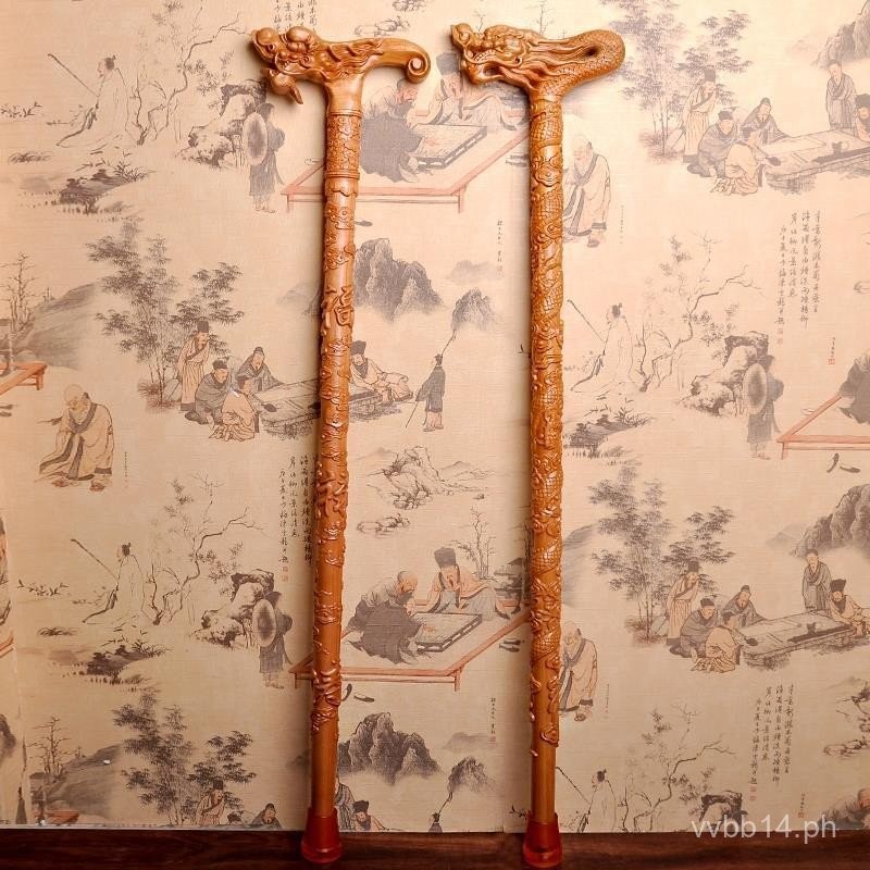 Peach Wood Dragon Head Cane Walking Stick Solid Wood Carved Elderly ...