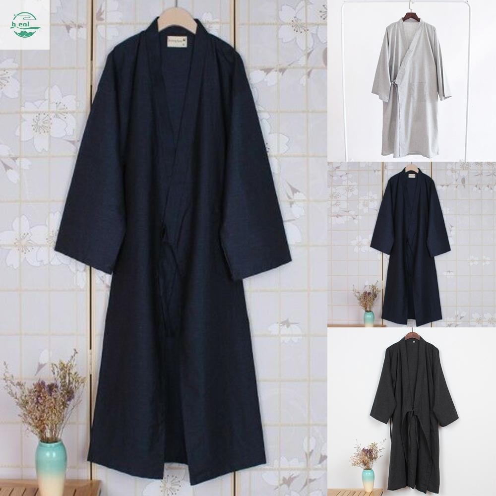 Comfy Men's Japanese Kimono Yukata Long Bathrobe Pajamas Belt Cotton ...