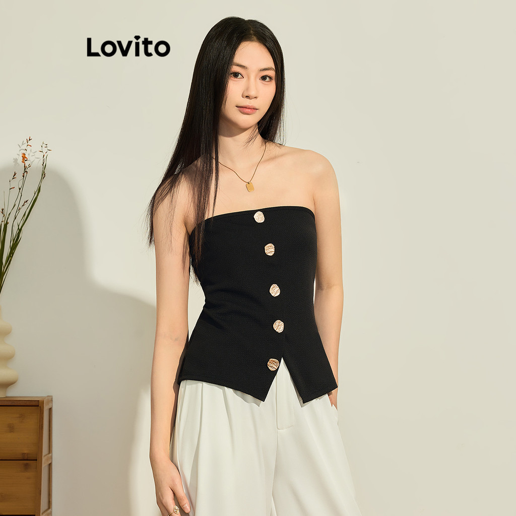 Lovito Women Casual Plain Button Split Front Tank Top L73AD021 | Shopee ...