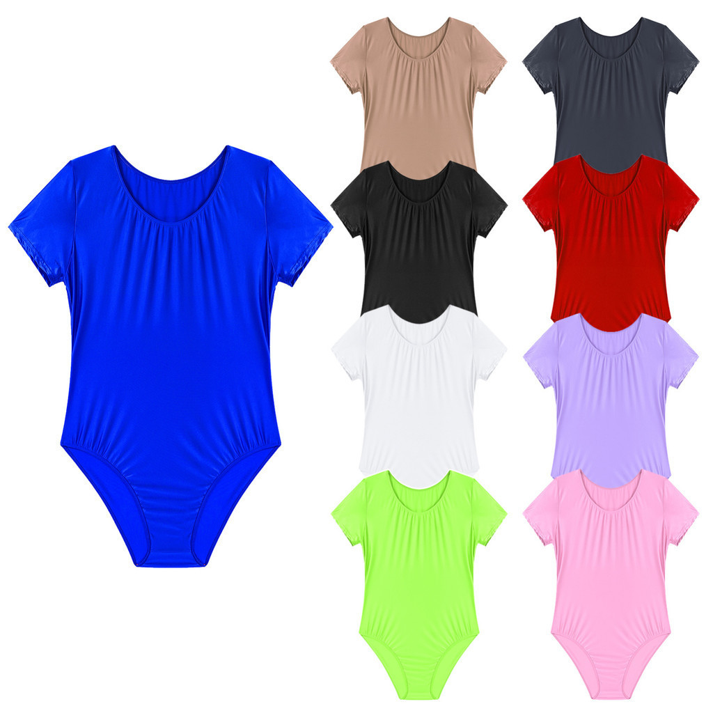 Linjinx Mens Solid Color Short Sleeve Leotard Glossy Round Neck High ...