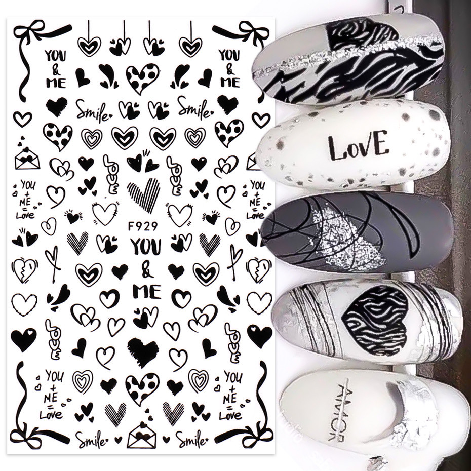 3D Black Love Heart Nail Stickers Couple Lines Letter Decals Design ...