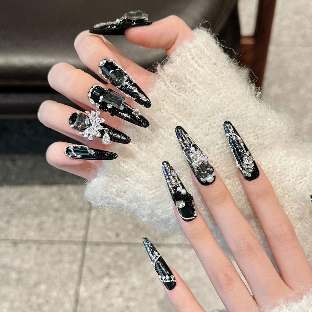 Full HANDMADE Press on Nails With Glue Dark Heavy Industry Luxury ...