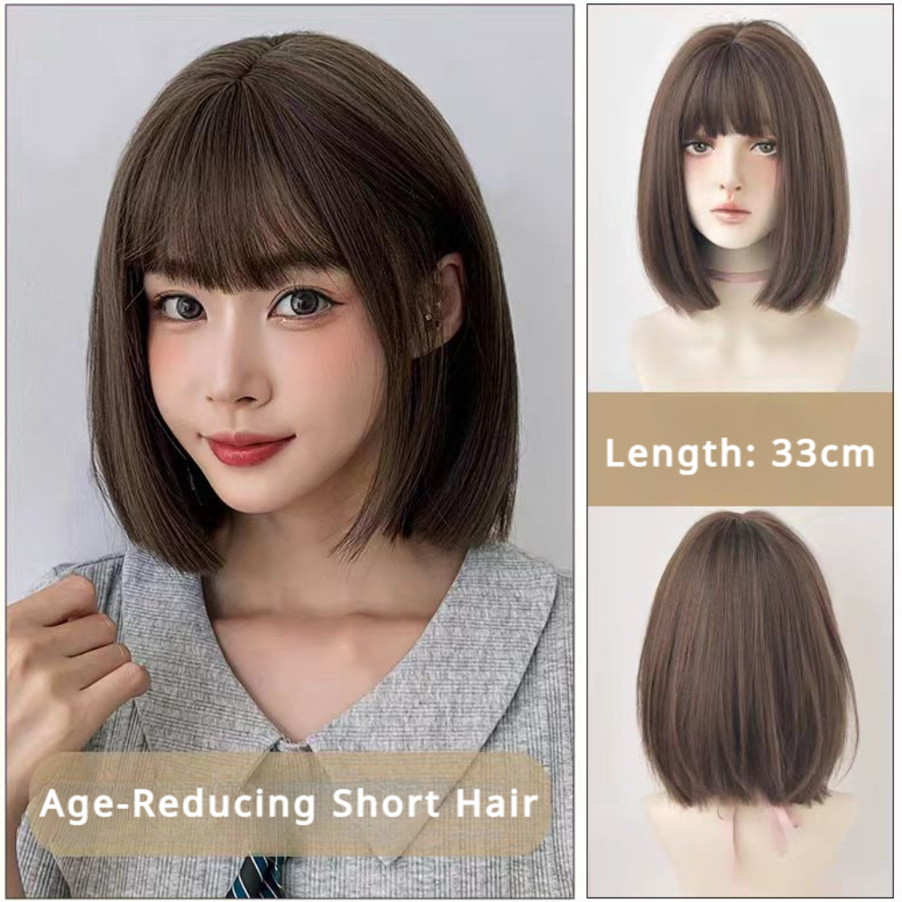 Short Wig Women Straight Bang Full-Head Wig Youth Cute Student Style ...