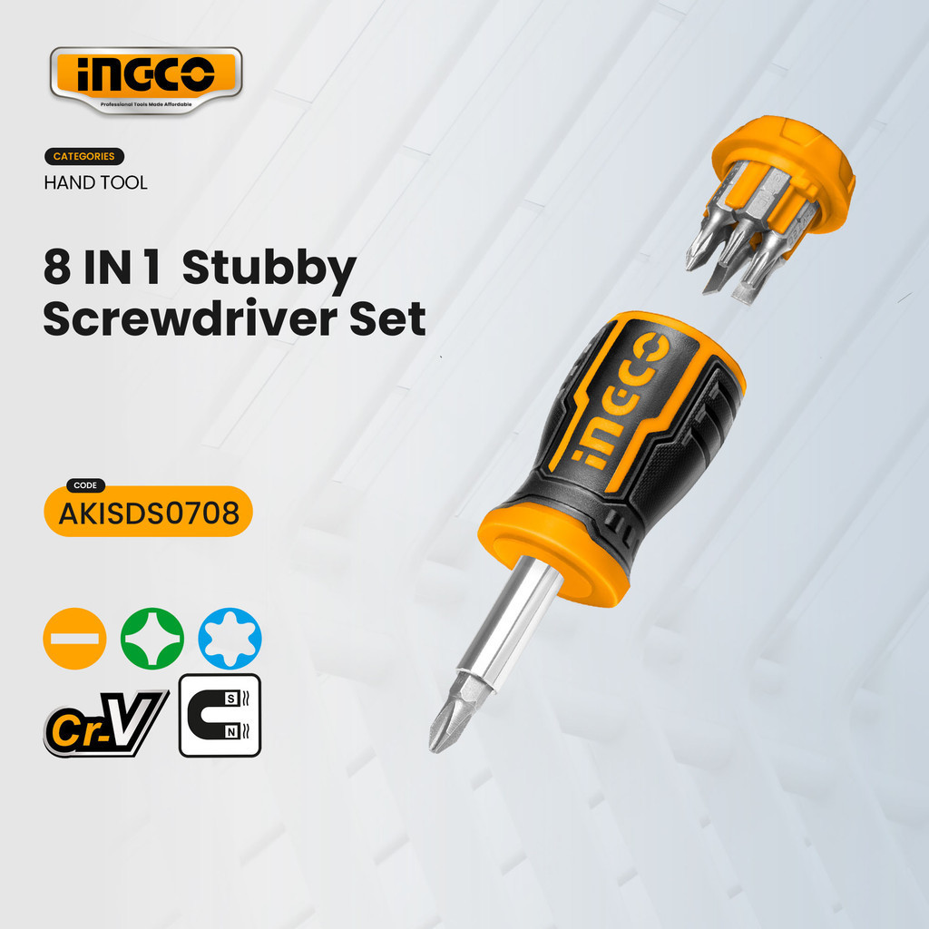 Ingco 8in1 25mm Stubby Screwdriver Set Short Screw Driver Flat & Philip ...