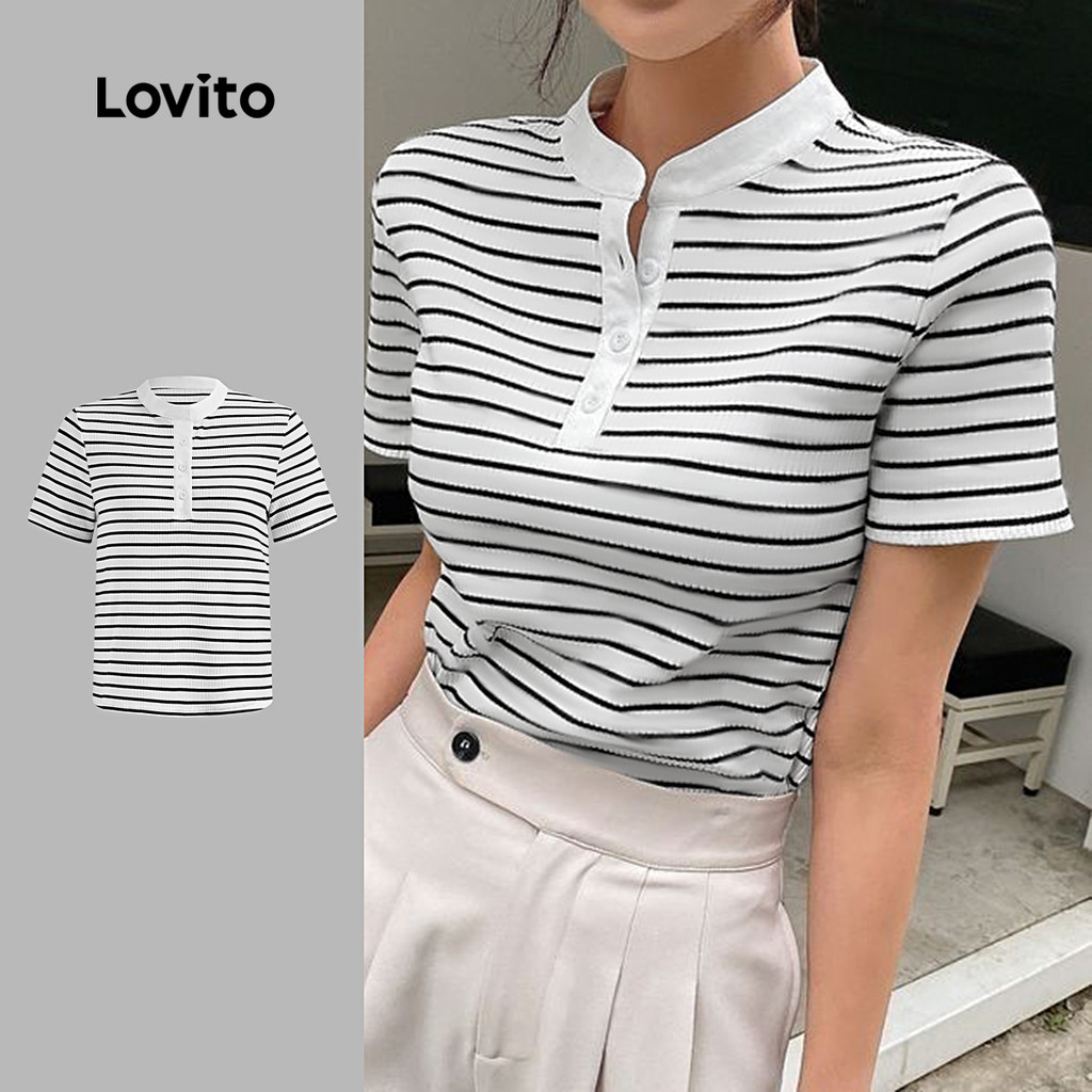 Lovito Women Casual Striped Button T-Shirt L123ED399 | Shopee Philippines