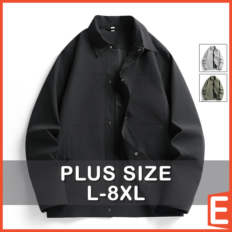 [L-8XL] Plus Size Jacket Men Solid Color Turn-down Collar Long Sleeve Pocket Black Grey Jackets ...