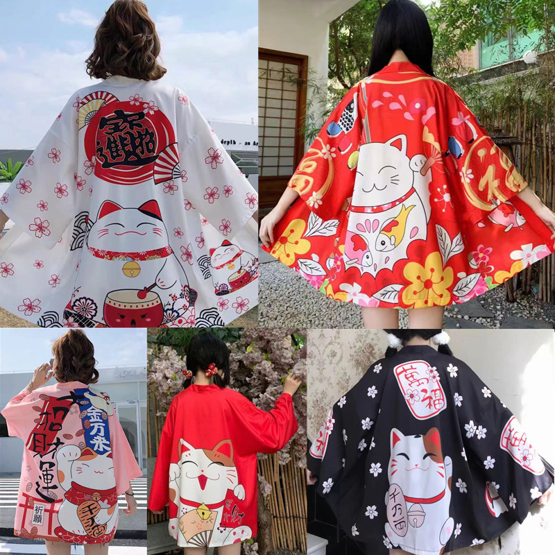 Summer Fashion Women Beach Style Cardigan Kimono Fortune Cat Lucky Cat ...