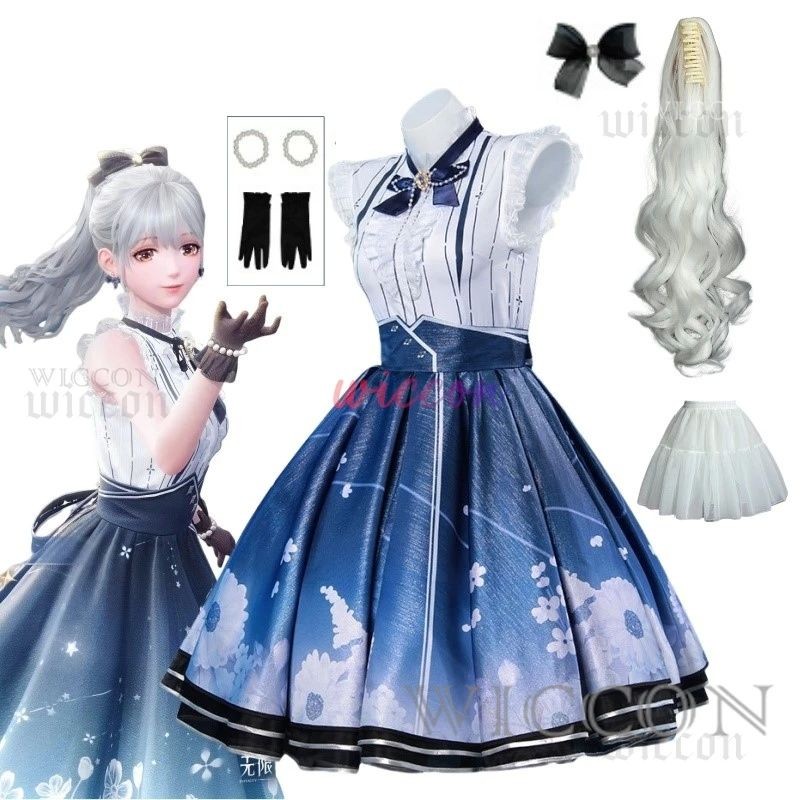 Game Infinity Nikki Cosplay Costumes Anime Girl Blue Dress Glove Wig ...