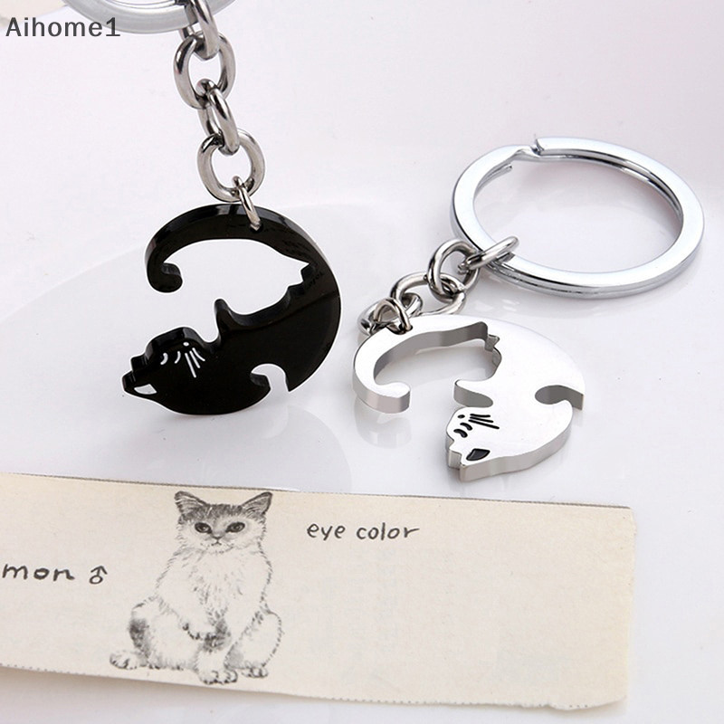 Aiho 1Pair Cute Black Cat Keychain Patchwork Heart Round Couple Lovers ...