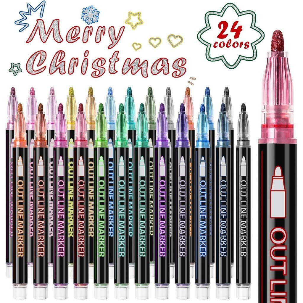 Double Line Outline Pens 24 Colors Self-Outline Metallic Markers ...