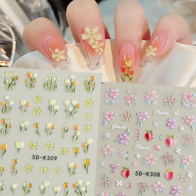 UR SUGAR 5D Nails Stickers Spring Yellow Pink Flower Peach Ice Nail ...