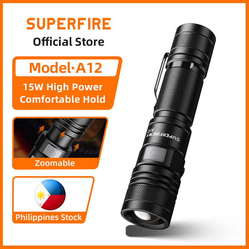 SUPERFIRE A12 15W Super Zoomable Flashlight Rechargeable Waterproof LED Bright Camping Light ...