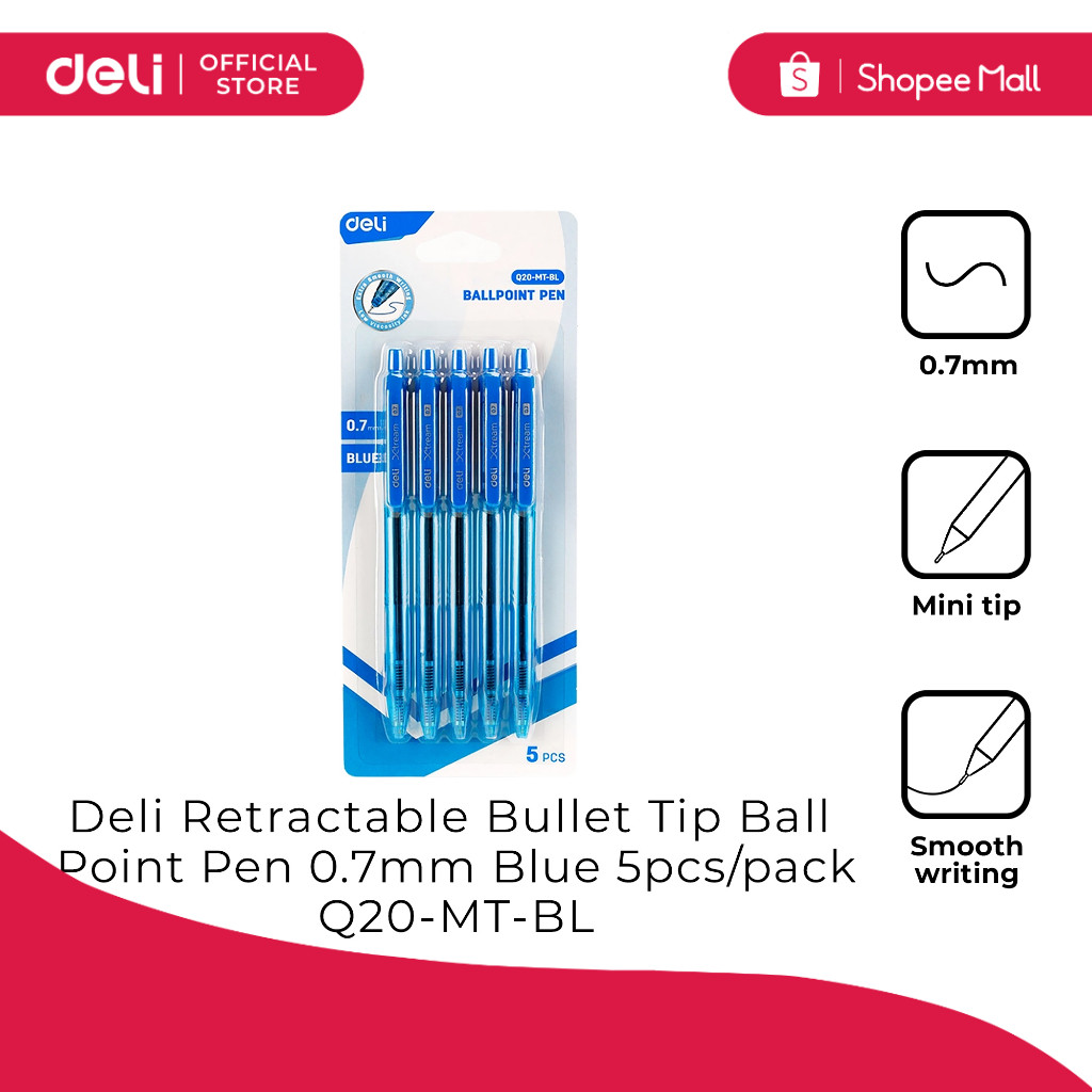 Deli Q20-MT-BL Retractable Bullet Tip Ball Point Pen 0.7mm Blue 5pcs ...