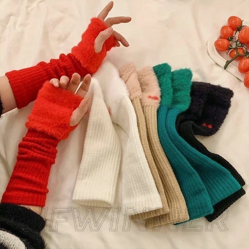 Knitted Long Fingerless - Y2K, Casual, Plush - Lolita Mink Fleece, Soft ...