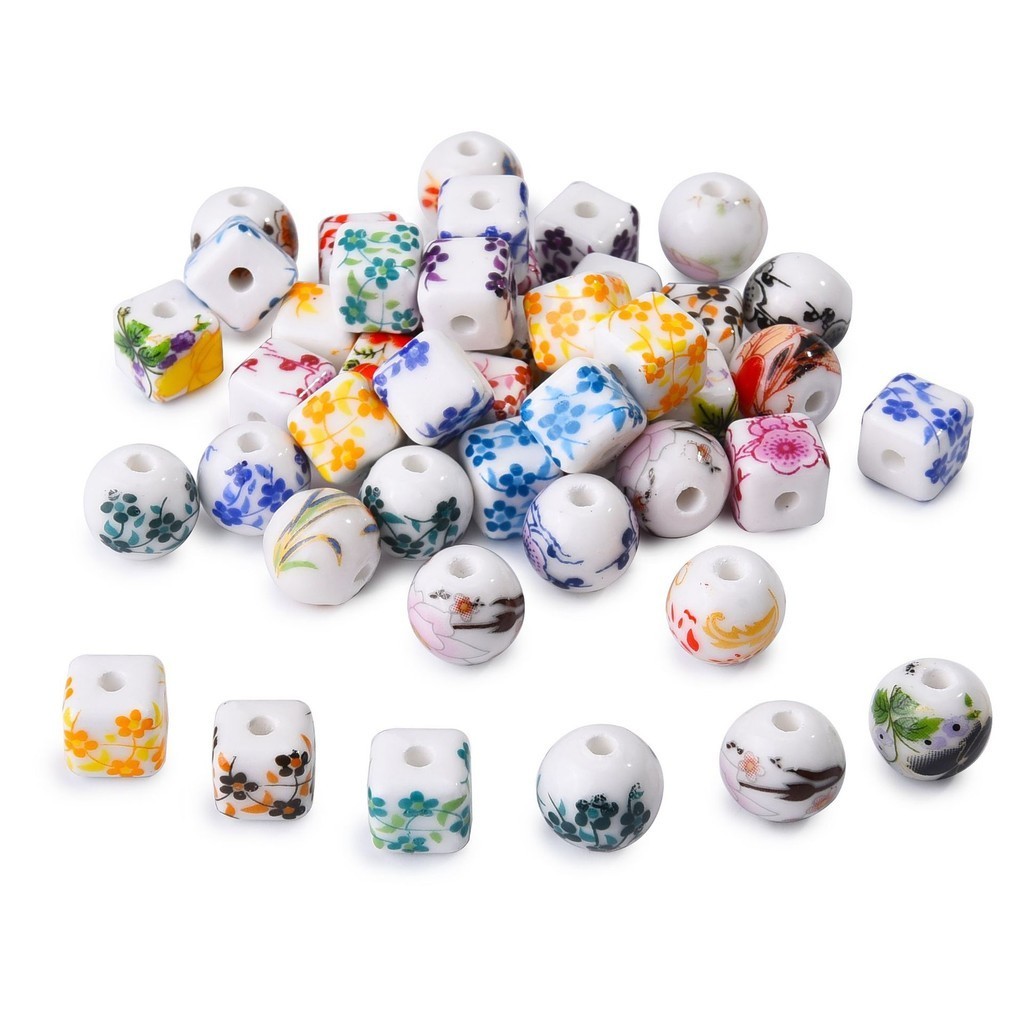 50pcs 8/10mm Small Floral Ceramic Beads DIY Porcelain Circular Square ...