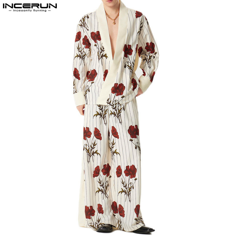 INCERUN Men Vintage Daily Floral Loose Long Sleeve Casual Two-Piece ...