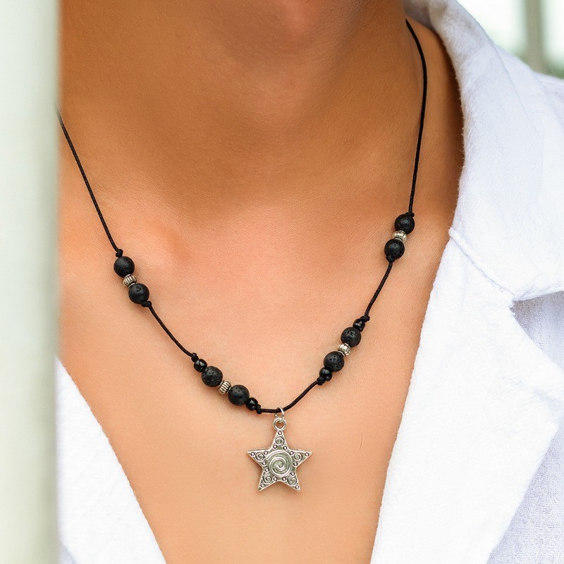 Volcano Stone Five Pointed Star Necklace for Men's Fashion Wax Thread ...