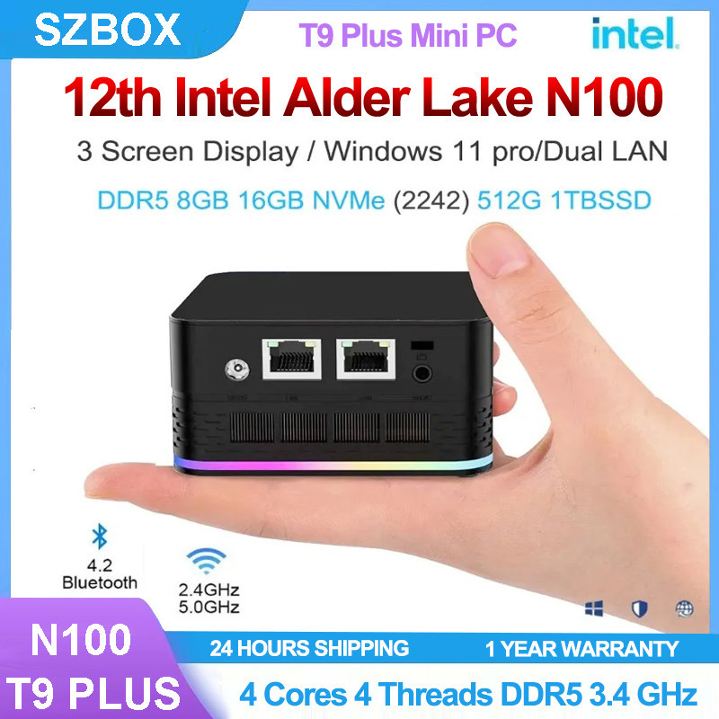 T9 Plus Mini PC Intel Alder Lake N100 16GB DDR5 512GB SSD Wins 11 Computer Dual LAN 3xHDMI ...