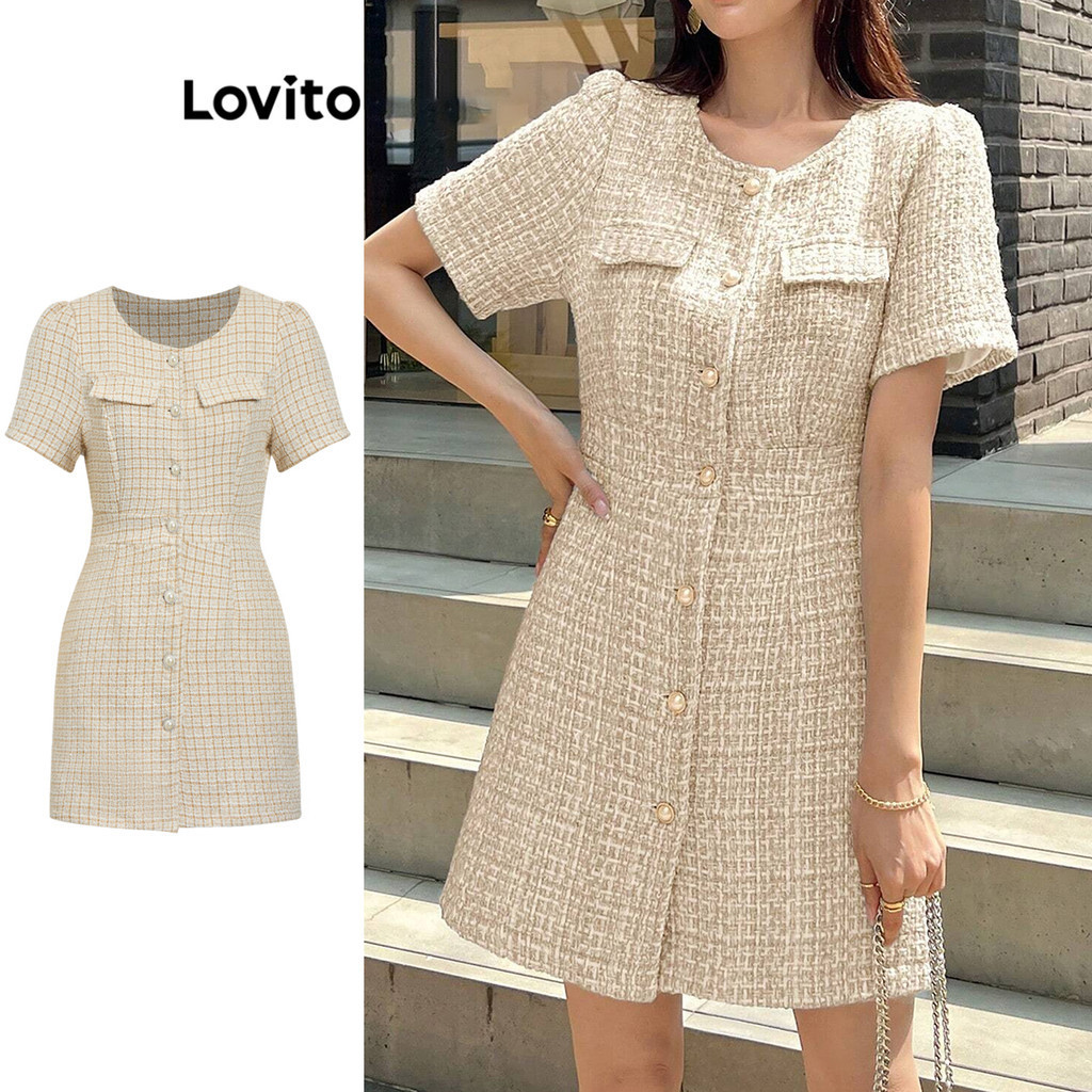 Lovito Women Elegant Plain Button Front Tweed Dress L77ED264 | Shopee ...
