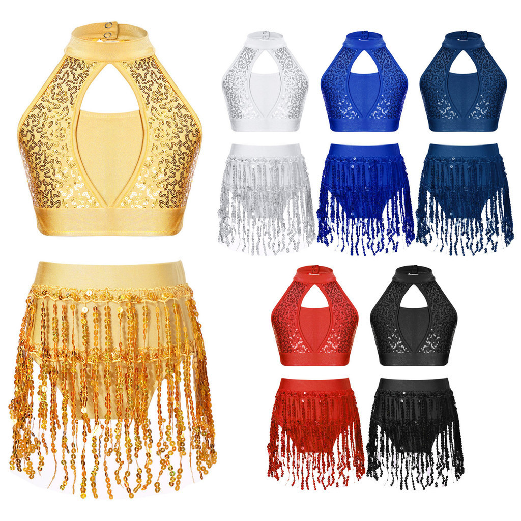 Girls Jazz Latin Dance Outfits Sleeveless Halter Crop Top with Sequins ...