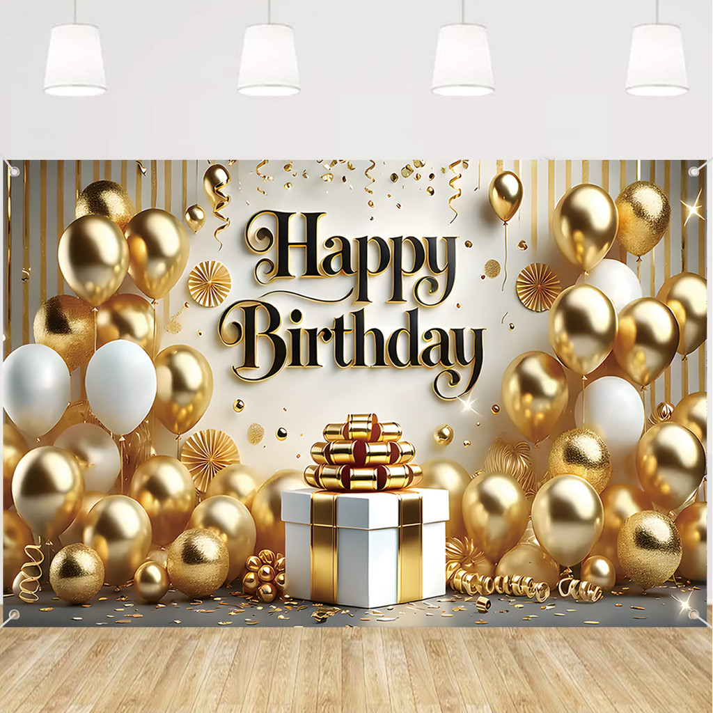 150*100cm Gold Balloon Happy Birthday Backdrop Balloon Gift Pattern Happy Birthday Banner For ...