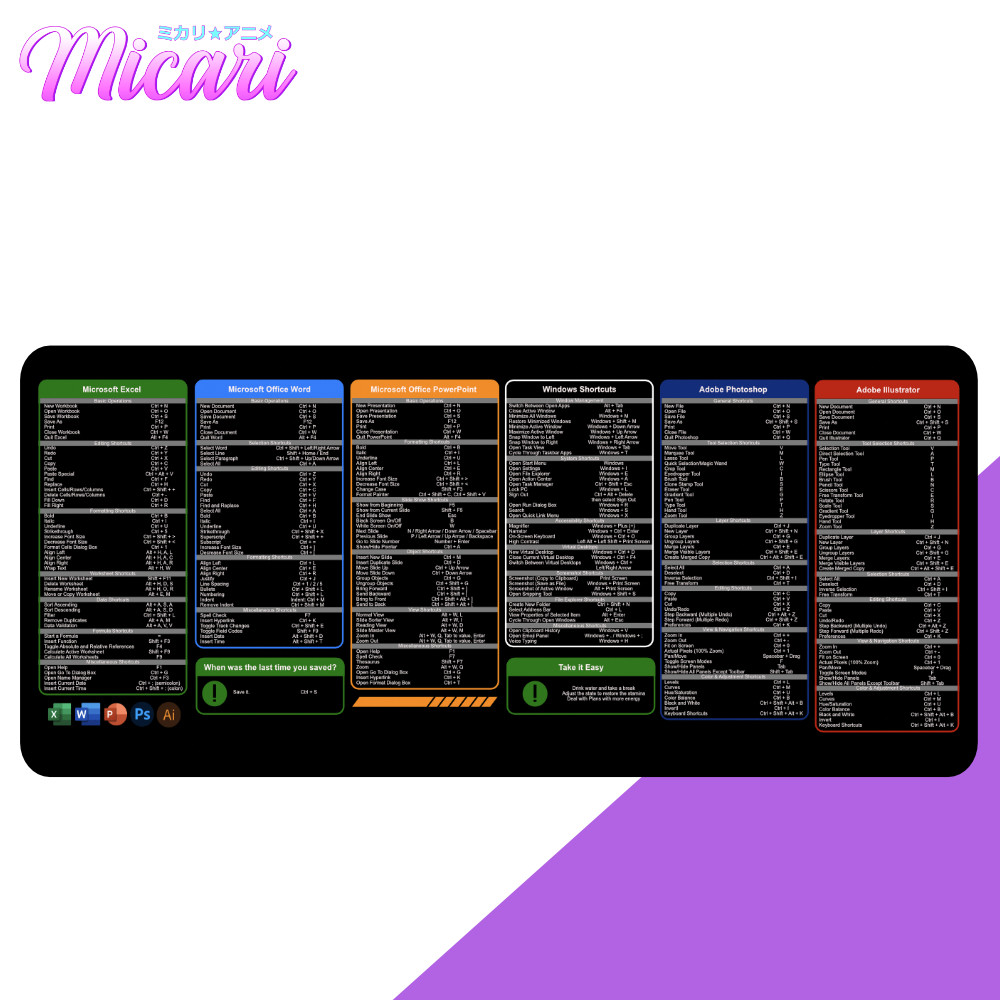 Micari Office Shortcut Large Mouse Pad Anime Mousepad Gaming Mouse Pad ...