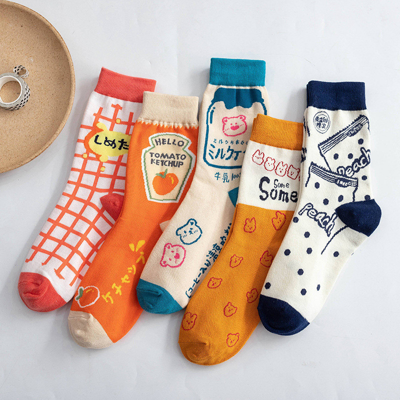 Cute Cartoon Plaid Socks for Women Japanese Preppy Style Mid Socks for ...