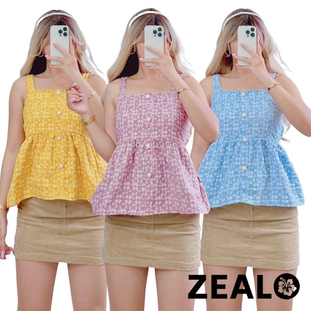 ZEALO Heidi Top Peplum Sleeveless Button Embossed (Tops Only) | Shopee ...