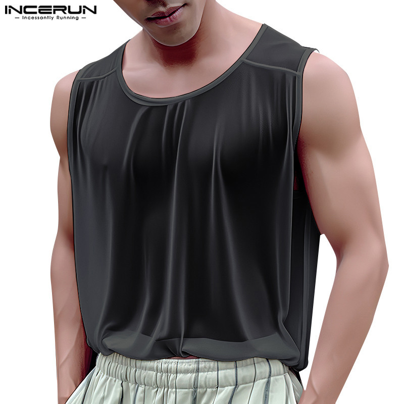 INCERUN Men Korean Fashion Round Neck Sheer Sleeveless Solid Color ...