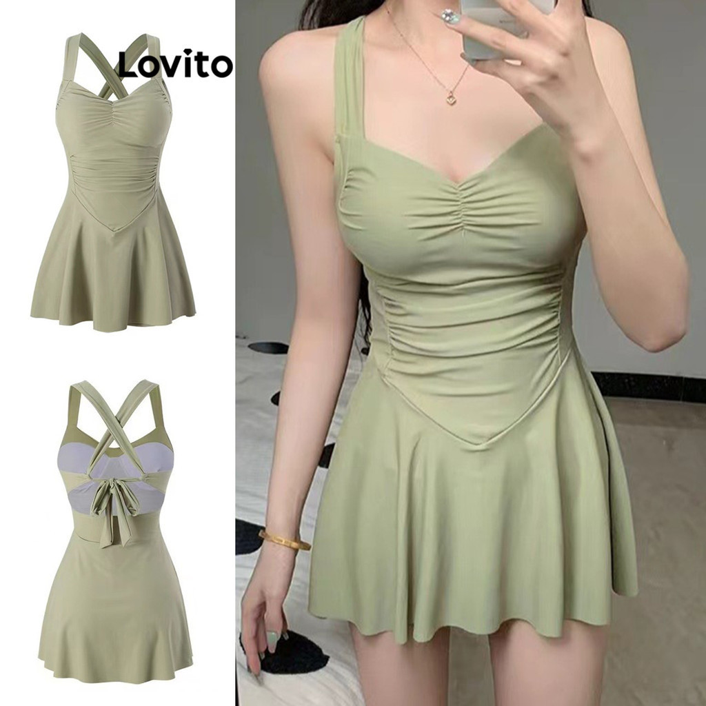 Lovito Women Casual Plain Structure Line Pleated One Piece Swimsuit
