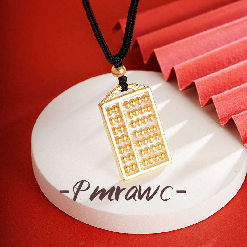 24K Ancient Gold Abacus Black Rope Necklace Chinese Style Retro Easy ...