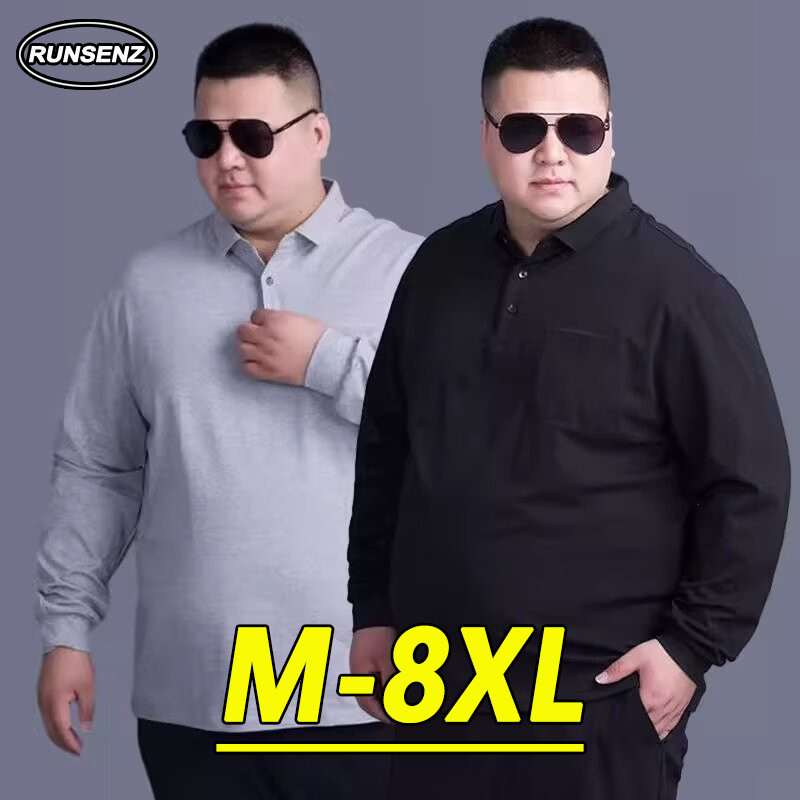 M-8XL Fat Man Plain Polo Shirt Men Simple Causal Loose Work Top Plus Size Long Sleeve T Shirt ...