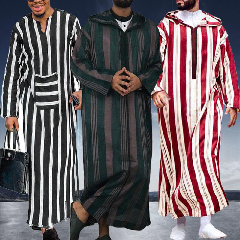 Men's Muslim Robe Striped Thobe Men Islamic Muslim Kaftan Long Vintage ...